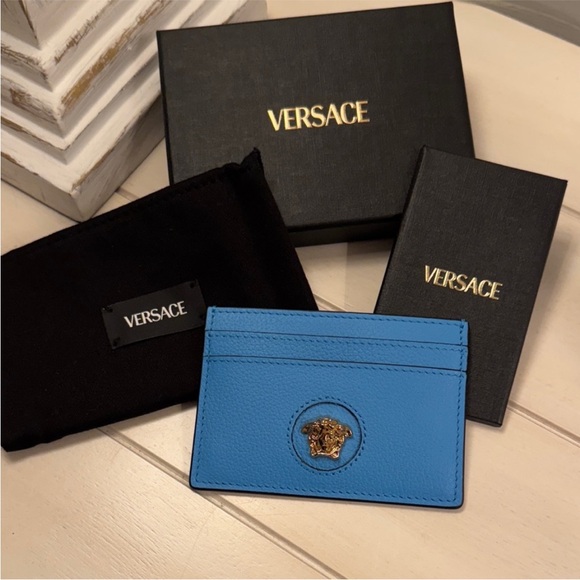 Versace | Bags | Versace Sky Blue Card Holder With Gold Medusa | Poshmark